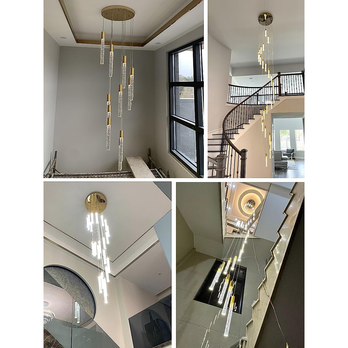 12 Lights 118" Modern High Ceiling Chandelier Crystal Gold Light Fixtures Dimmable Long Hanging Pendant Lighting Fixtures for Staircase Living Room Foyer Hallway Flush Mount Ceiling Light Polished