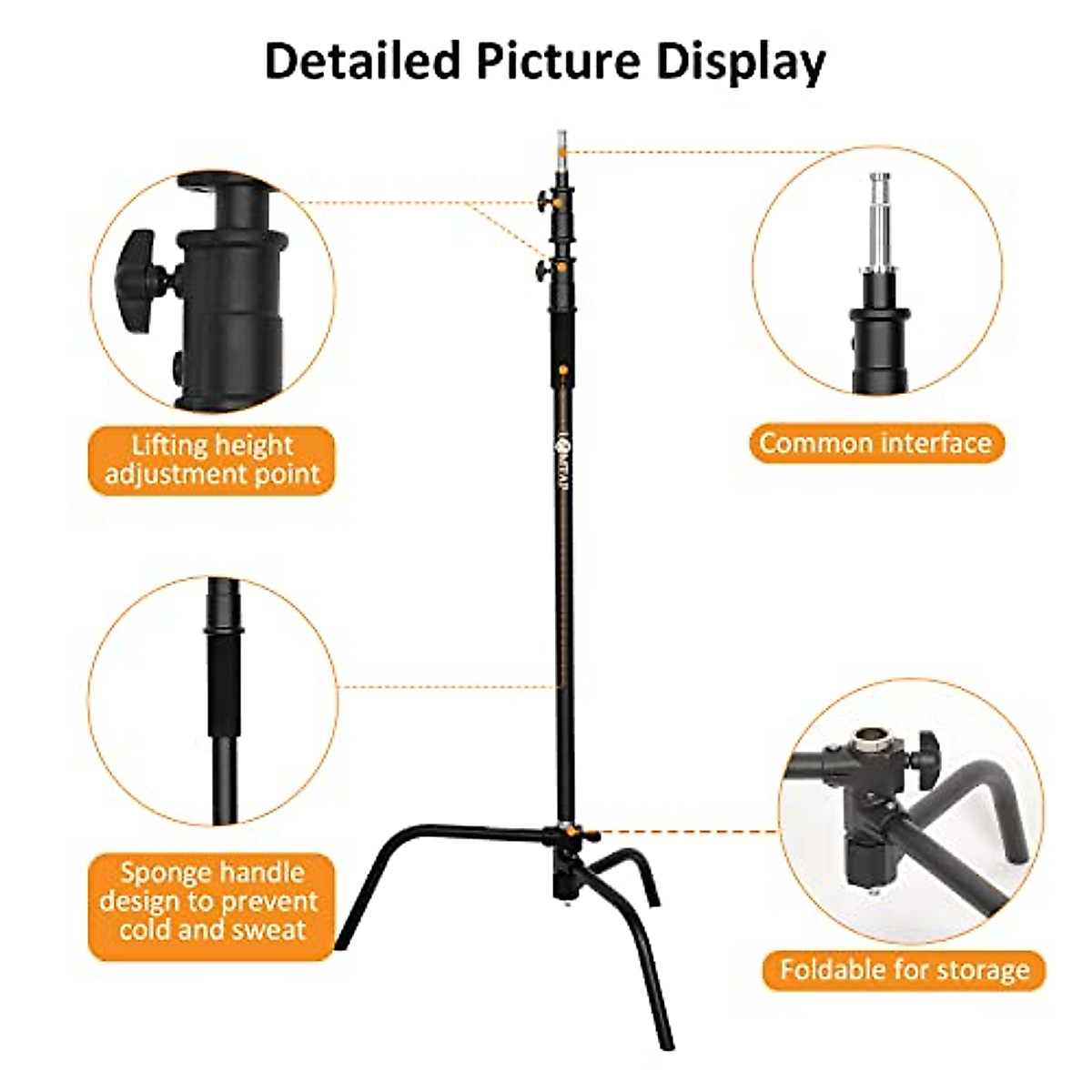 LOMTAP C Stand Light Stand Photography Kit - Heavy Duty 10.8ft/330cm Vertical Pole, 4.2ft/128cm Boom Arm, Upgraded Adjustable Base, Water Sandbag, 2 Grip Heads, 3 Clips - Century Stand for Softbox