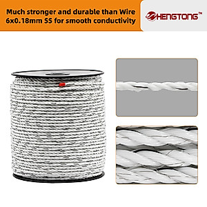 HENGTONG Electric Fence Poly Rope 656ft (200m), 1/4 inch (6mm) Upgraded Portable Polyrope, 6 x 0.18mm Strong SS Conductors, Electric Fence Rope for Horses, Safe Enough for Large Animals (White)
