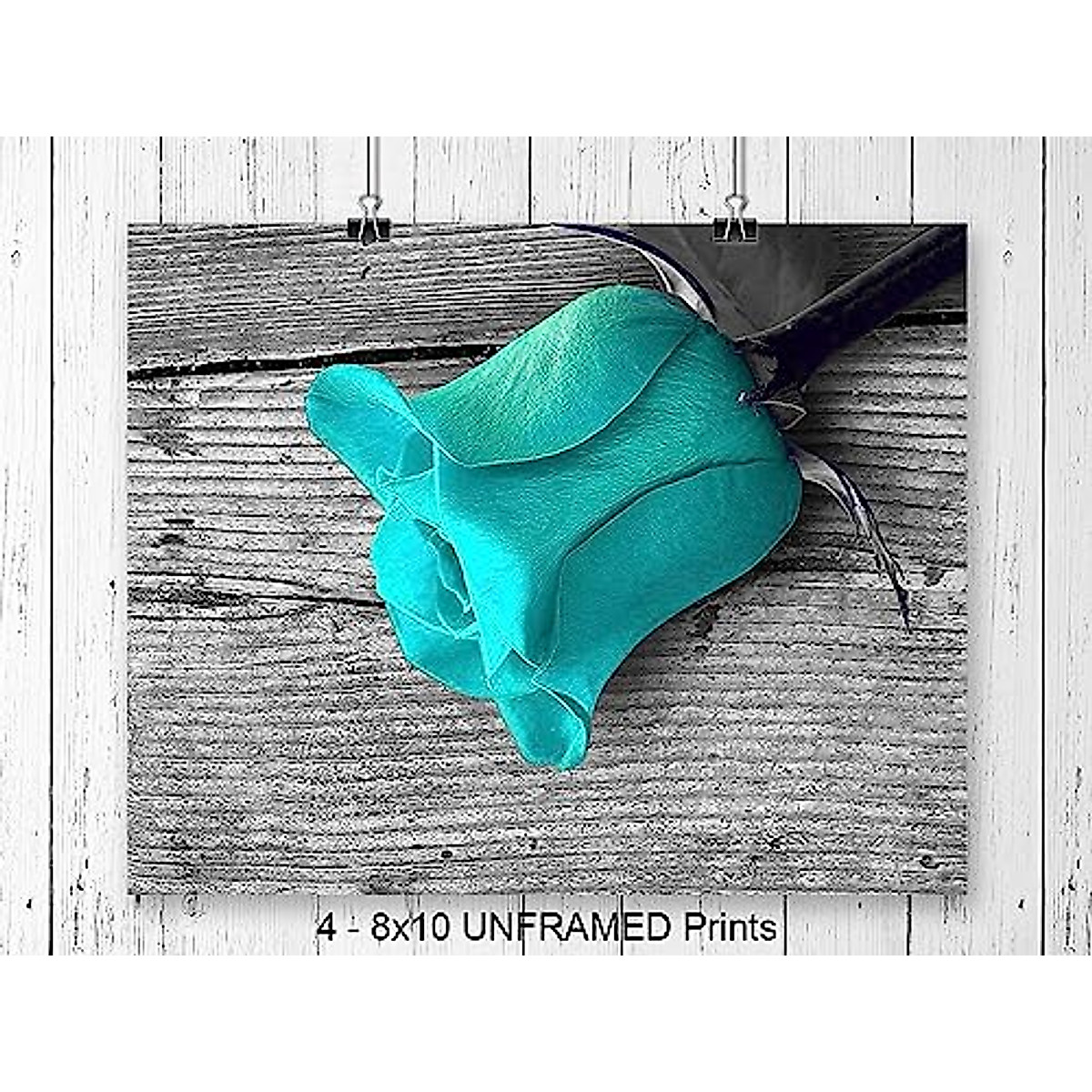 Light Blue Turquoise Floral Flowers Rose Wall Art Set, Home Decor - Poster, Print - Mothers Day, Anniversary Gift for Women - Shabby Chic, Rustic, Farmhouse Room Decorations for Living Room, Bedroom