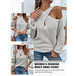 WLLW Womens Cross V Neck Sweaters Cold Shoulder Long Sleeve Casual Knit Pullover Halter Sweaters