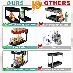 Under Sink Organizers and Storage 2 Pack, Sliding Under Kitchen Sink Storage 2 Tier Bathroom Cabinet Organizer with 8 Hooks & 2 Hanging Cups Multi-Use Under Sink Shelf for Kitchen Bathroom, Black