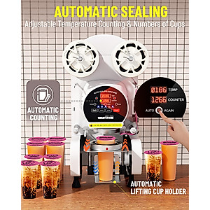 WantJoin Cup Sealing Machine Full Automatic Cup Sealer Machine 89/90/95MM 3.50/3.54/3.74IN Electric White Cup Sealing Machine 500-600 Cups/H(White)
