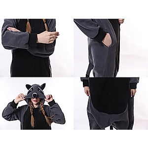 HANZEJINL Adult Animal Onesie, Raccoon Animal Halloween Costume, Unisex Jumpsuit One Piece Pajamas for Women and Men (RaccoonOnesie, S)