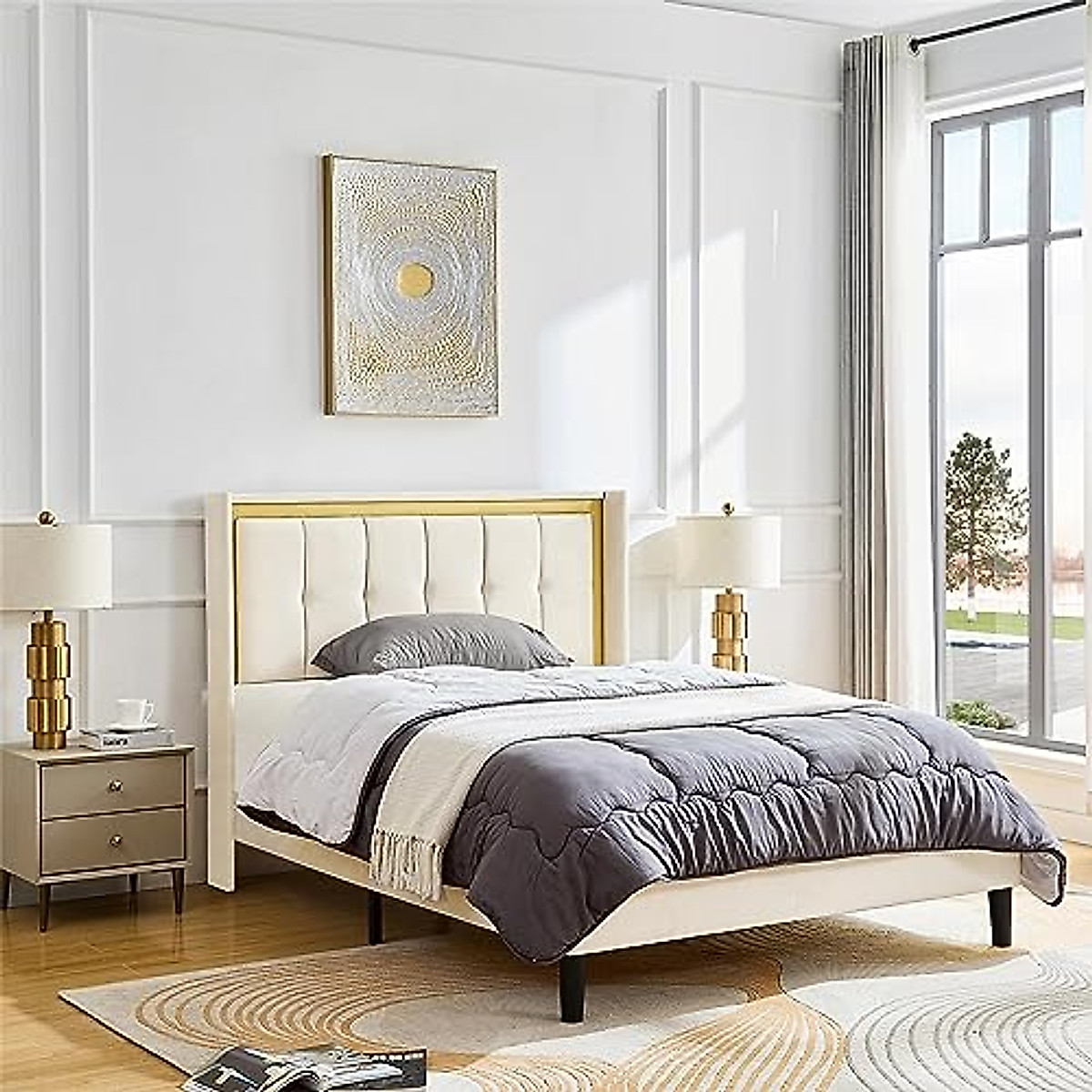 Anwick Queen Bed Frame with Headboard,Modern Upholstered Platform Bed Frame Queen Size with Storage Underneath and Wooden Slat for Living Room,Bedroom Heavy Duty (Queen, Beige)