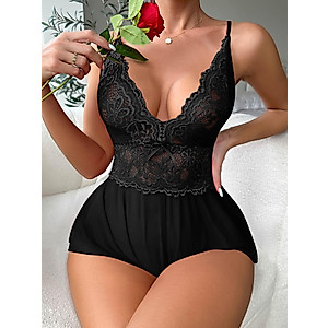 SOLY HUX Women's Lace Teddy Lingerie Spaghetti Strap Bodysuit Babydoll Sleepwear Solid Black L