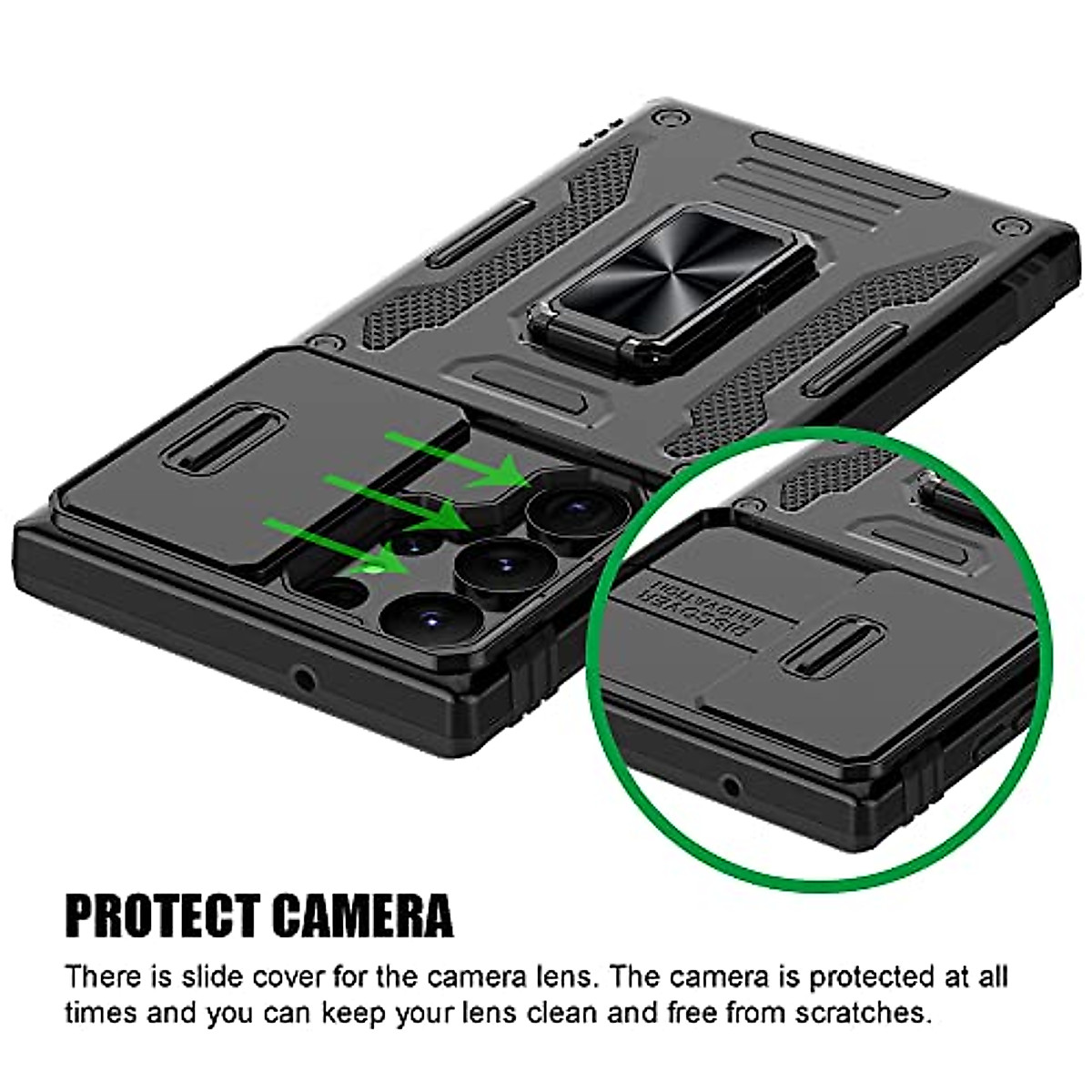 SYONER for Samsung Galaxy S23 Ultra Case, Shockproof Phone Case with Sliding Camera Cover & Rotatable Ring Holder Kickstand + Soft TPU Screen Protector for Galaxy S23 Ultra (6.8", 2023) [Black]