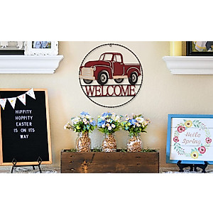 Glitzhome 23.75" L Welcome Metal Rustic Red Truck Wall Decor, Welcome Hanging Sign Decoration for Home Outdoor Indoor