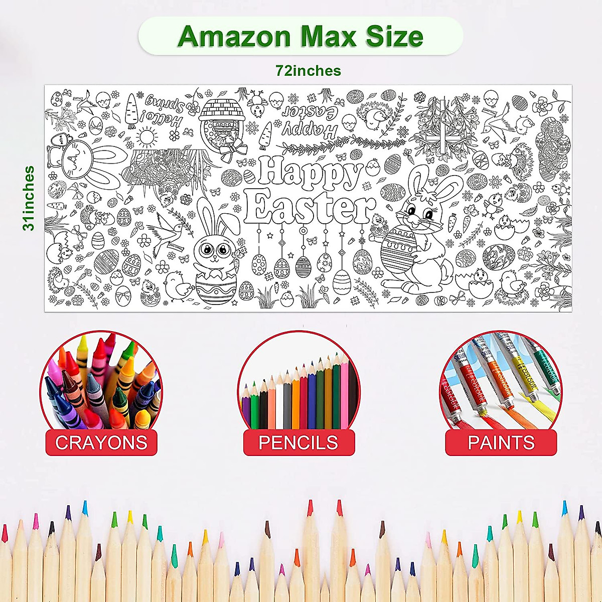 OHOME Easter Giant Coloring Poster/Tablecloth - Easter Crafts for Kids - 30 x 72 Inches Jumbo Coloring Banner - Easter Games Gifts Toys for Basket,Easter Activities Treats Party Decorations