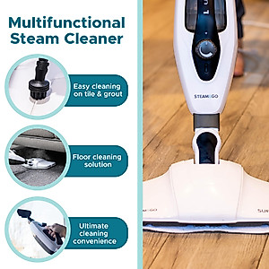 Steam and Go Supra Pro Multi-Surface Steam Mop - 90° Bendable Handle for Under Furniture, Detachable Handle with 10 Attachments for Tile Grout, Clothes, Fabric & Upholstery Handheld Steam Cleaner