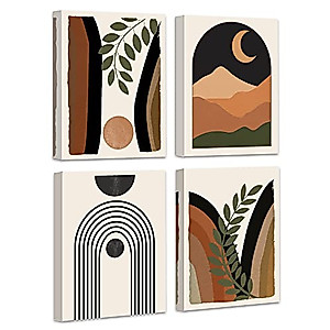 Boho Wall Art , Minimalist Wall Art , Boho Room Decor, Mid Century Modern Framed Canvas Wall Art, Abstract Boho Wall Decor, Bohemian Moon Phases Wall Painting For Living Room Bedroom Kitchen Office Home Decor Set of 4, 8x10in (Framed)