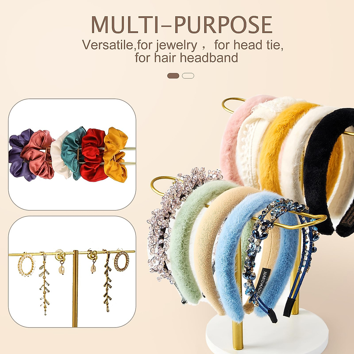 MoyRetty Headband Holder Organizer, 2-Tier Metal Hair Hoop Display Stand Headband Organizer Storage Hair Ropes Accessories Bracelets Bangles Bedroom College Dorm Decor for Girls Women, Gold