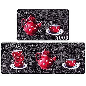 ASPMIZ Coffee Kitchen Mat 2 PCS, Cushioned Anti-Fatigue Kitchen Rugs Non Slip, Memory Foam Kitchen Mats and Rugs, Waterproof Kitchen Floor Comfort Mats for Home & Office, 18'' x 48'' + 18'' x 30''