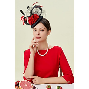 BABEYOND Fascinator Hat Feather Fascinators Hair Clip Tea Party Pillbox Derby Hat Bridal Wedding Veil Black Red