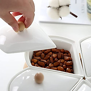 WMM 11 Inch Ceramic Divided Serving Dishes with Bamboo Tray and Lids, 5 Removable Snack Bowls Relish Tray for Candy, Nut, Fruits, Chips and Dip