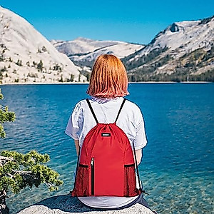 WANDF Drawstring Backpack Sports Gym Sackpack with Mesh Pockets Water Resistant String Bag for Women Men (Red)