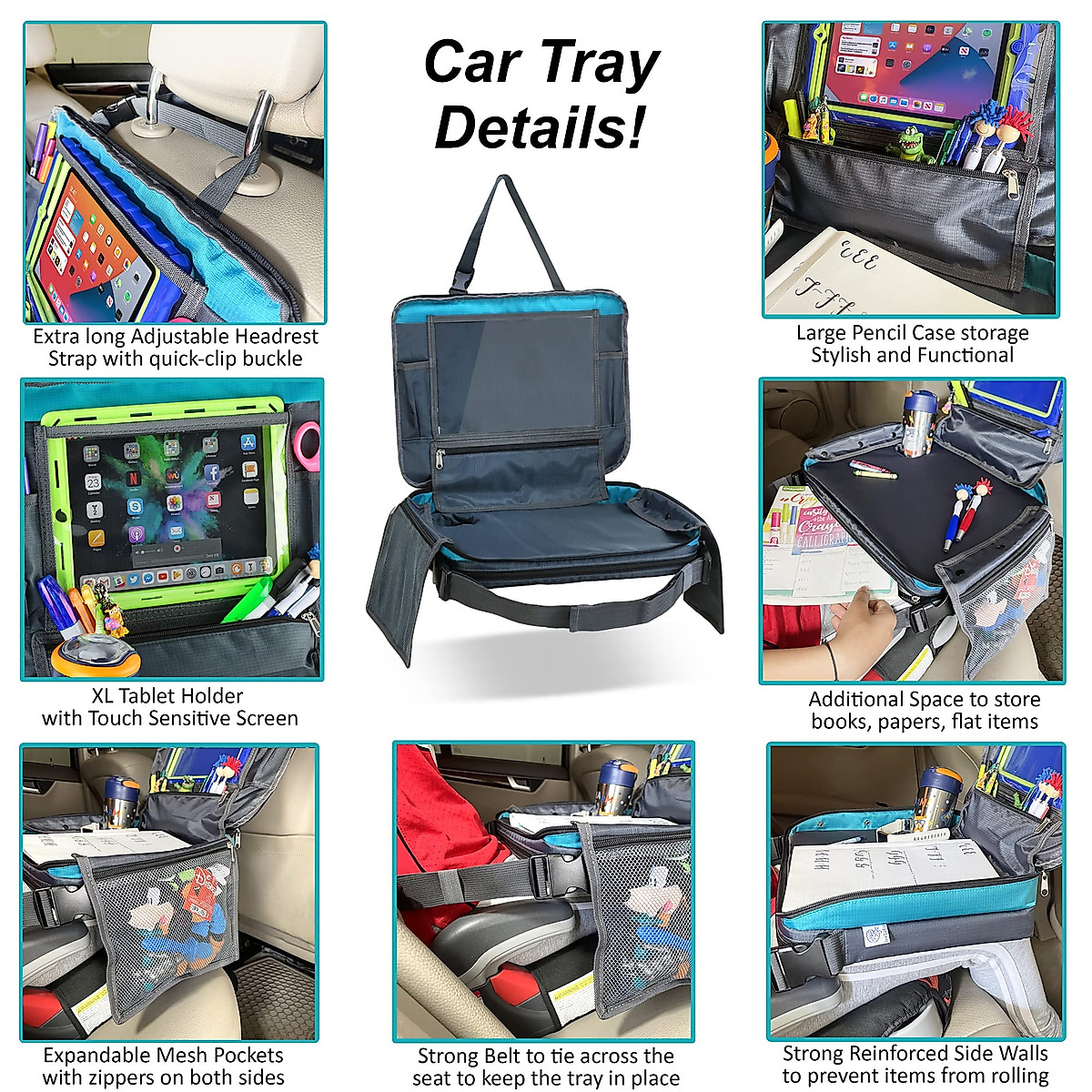 KeolaKids Kids Car and Booster Seat Travel Tray Organizer with Detachable Top, Lap Tray, Updated Headrest Straps, Zippered Storage, Tablet holder with Charger Openings (Blue)