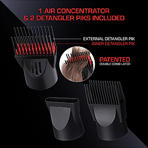 RED PRO 3200 Turbo Pro Detangler AC Hair Dryer, 3 Heat/2 Speed Settings, Cool Shot Button, Powerful Airflow, 3 Additional Styling Attachments with Detangling Pik