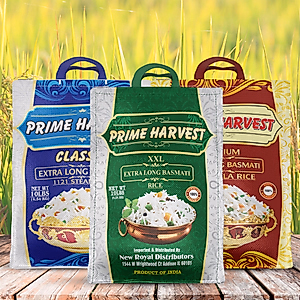 Prime Harvest Basmati Rice 10lbs Parboiled Premium Sella - Extra Long Grain, 10-Pound rice bag, Non-Sticky | Aged and Authentic | White