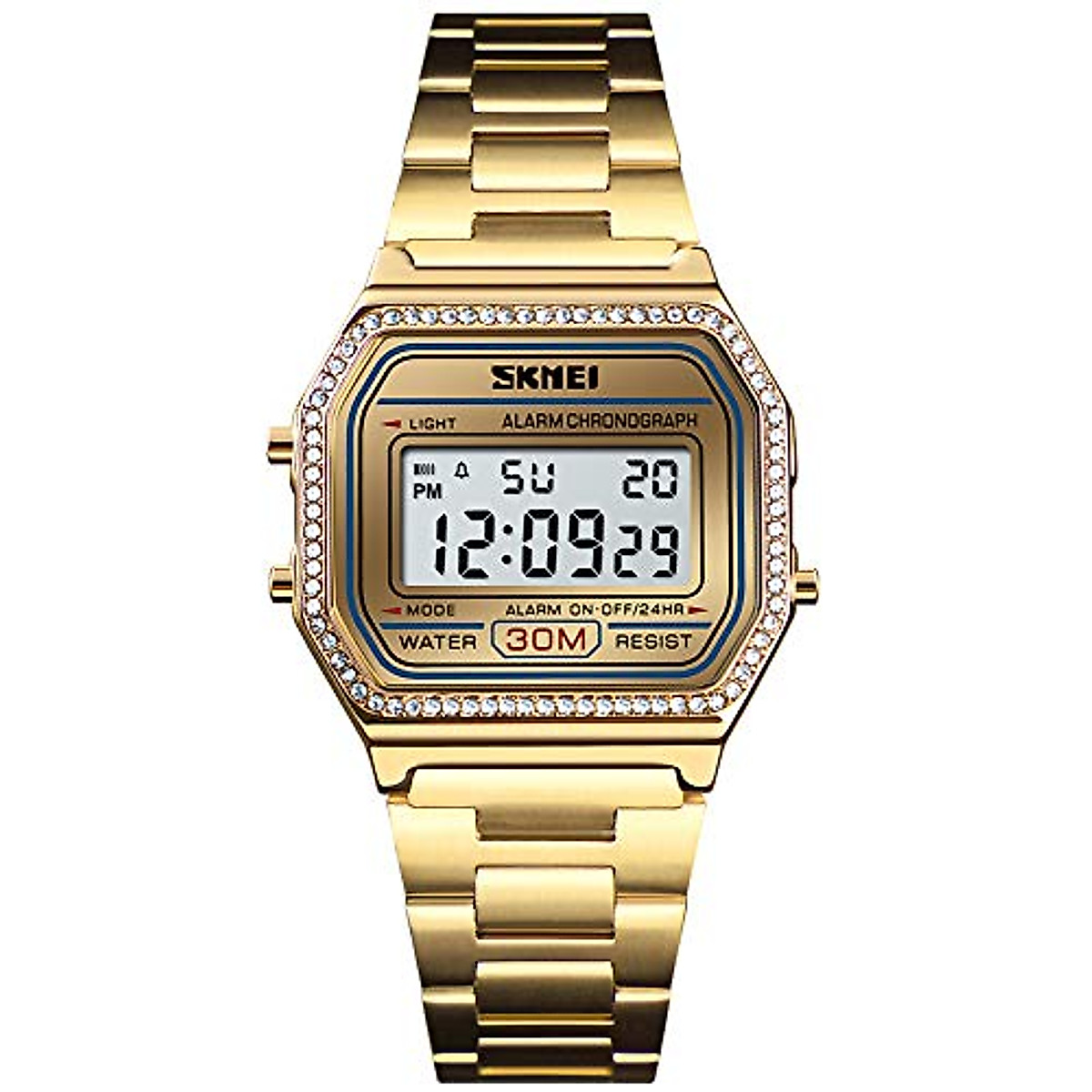 PASOY Men's Digital Gold Stainless Steel Watch Backlit Multifunction Stopwatch Waterproof Sport Watches (Gold with Crystal Bezel)