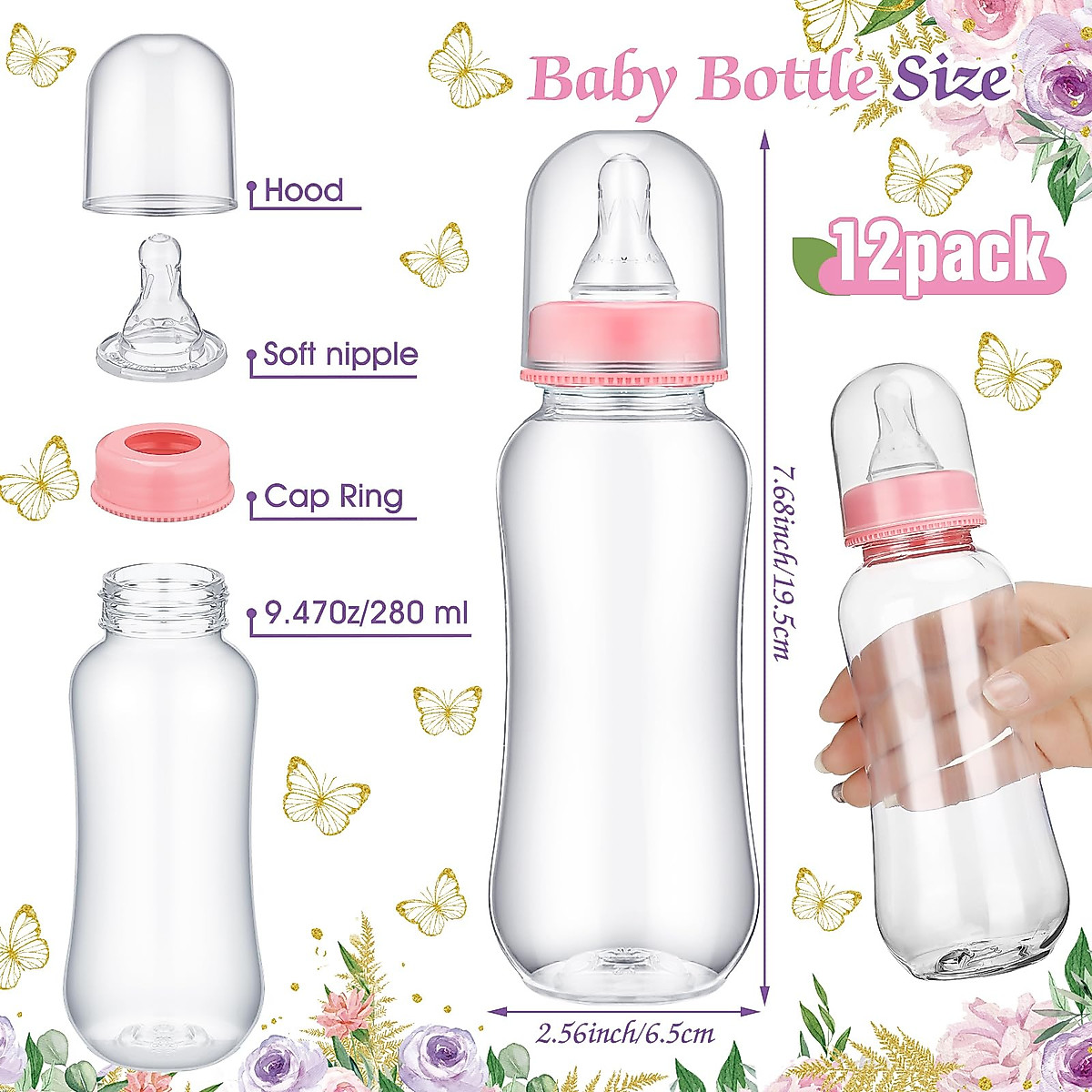 Sherr Butterfly Cool Baby Shower Games Bottle Chug Sign Wooden Butterfly Baby Gift Sets Gender Reveal Party Favors and 12 Pcs Baby Bottle Shower Favor Baby Bottles for Baby Shower Games Gender Reveal