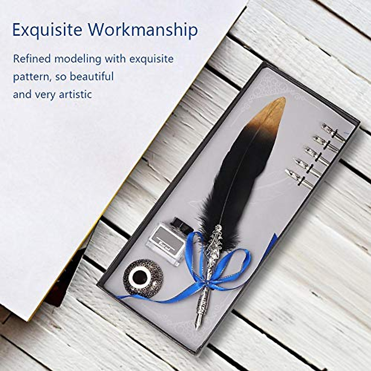 Serounder Quill Pen Set, Classical Calligraphy Fountain Pen Feather Quill Dip Pen Ink Bottle Set with Gift Box (Black)