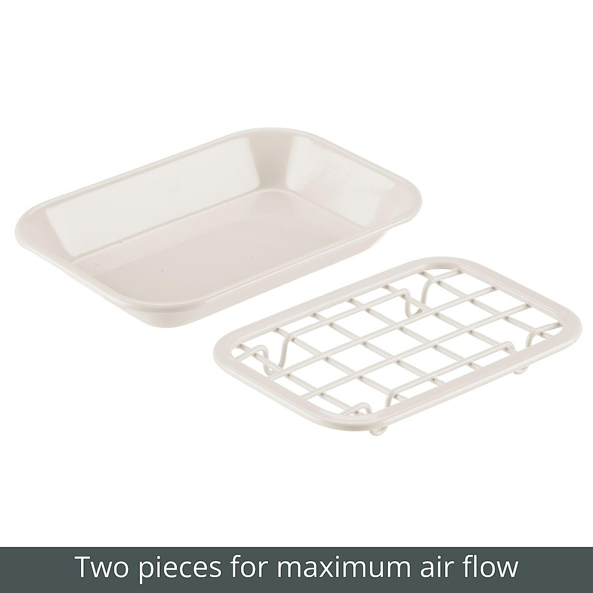 mDesign Metal 2-Piece Soap Dish Tray with Drainage Grid and Holder for Kitchen Sink Countertops to Store Soap, Sponges, Scrubbers - Rust Resistant - 2 Pack - Cream/Beige