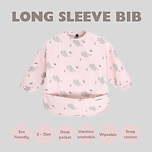 BUBEI Mess proof baby feeding bibs, Waterproof smock bibs, Toddler bibs, Long sleeve baby bib for eating, Baby bibs for baby girl, Baby bibs for eating, Toddler art smock (Pink Elephants)