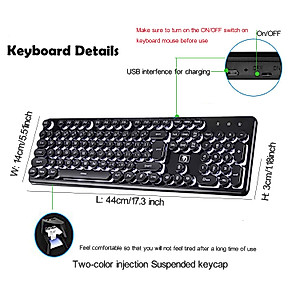 Gaming Keyboard and Mouse,Soke-Six 2.4G Wireless Retro Punk Typewriter-Style Backlit Keyboard Mice Combo,4800mAh Battery,Mechanical Feel,Anti-ghosting,Crystal Panel Round Keycaps (Black+White Light)