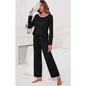 PrinStory 2025 Women's Pajama Set Long Sleeve Sleepwear Ladies Soft Pjs Lounge Set Black-L