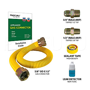 PROCURU 5/8" OD x 12" (1Ft) Universal Gas Flex Connector Kit, Weatherproof Stainless Steel Pipe, Yellow Coated, for Stove, Range, Furnace (Green Series)