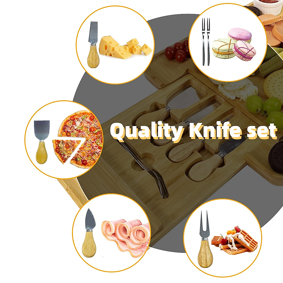 Cheese Board, Large Charcuterie Board Set, Bamboo Serving Platter, 4 Serving Knives and Utensils - Unique for Women-House Warming Gifts New Home,Wedding Gifts for Couple