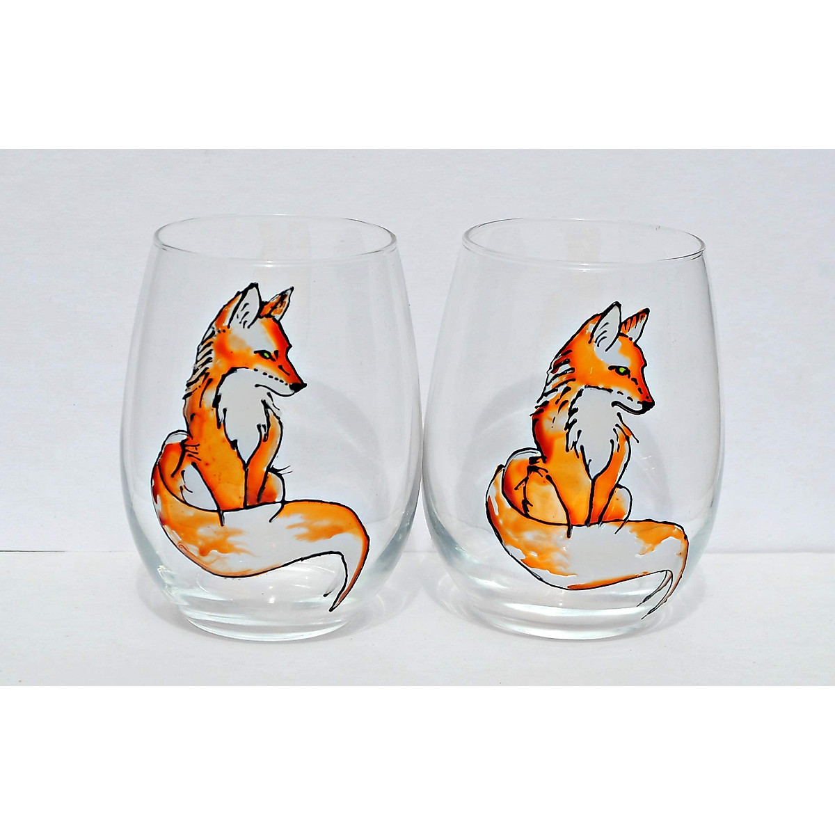 Red Fox Hand Painted Stemless Wine Glass Set of 2 Fall Farmhouse Home Decor