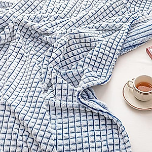 LOMAO Flannel Blanket Throw Blanket Soft Warm Fleece Blanket Lightweight Blanket with Grid Pattern for Couch Sofa Bed Chair Home Decor (Navy+Flannel, 51"x63")