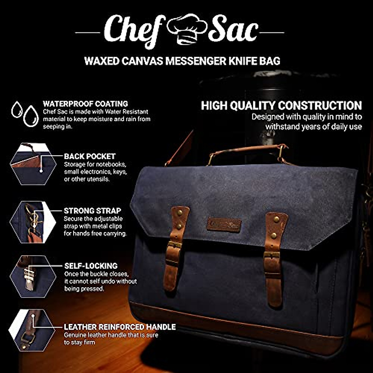 Chef Messenger Knife Bag | Waxed Canvas Chef Knife Bag | Waterproof Material | Chefs Case with 24+ Pockets for Knives & Utensils | Culinary Gifts For Chefs & Students | Sturdy Travel Chef Bag (Blue)