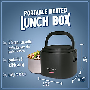 Nostalgia Portable 20-Ounce Electric Heated Lunch Box – Travel Size 2.5 Cup Capacity for Soup, Chili, and Leftovers – Leak Proof Silicone Sealed Lid, Foldable Carry Handle, Detachable Cord – Black
