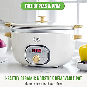 GreenLife 6 Quart Ceramic Slow Cooker, PFAS-Free, Programmable, Removable Healthy Nonstick Pot for Family Meals, Sear on Stovetop, Keep Warm, Digital Timer, Dishwasher Safe Glass Lid & Crock, Cream