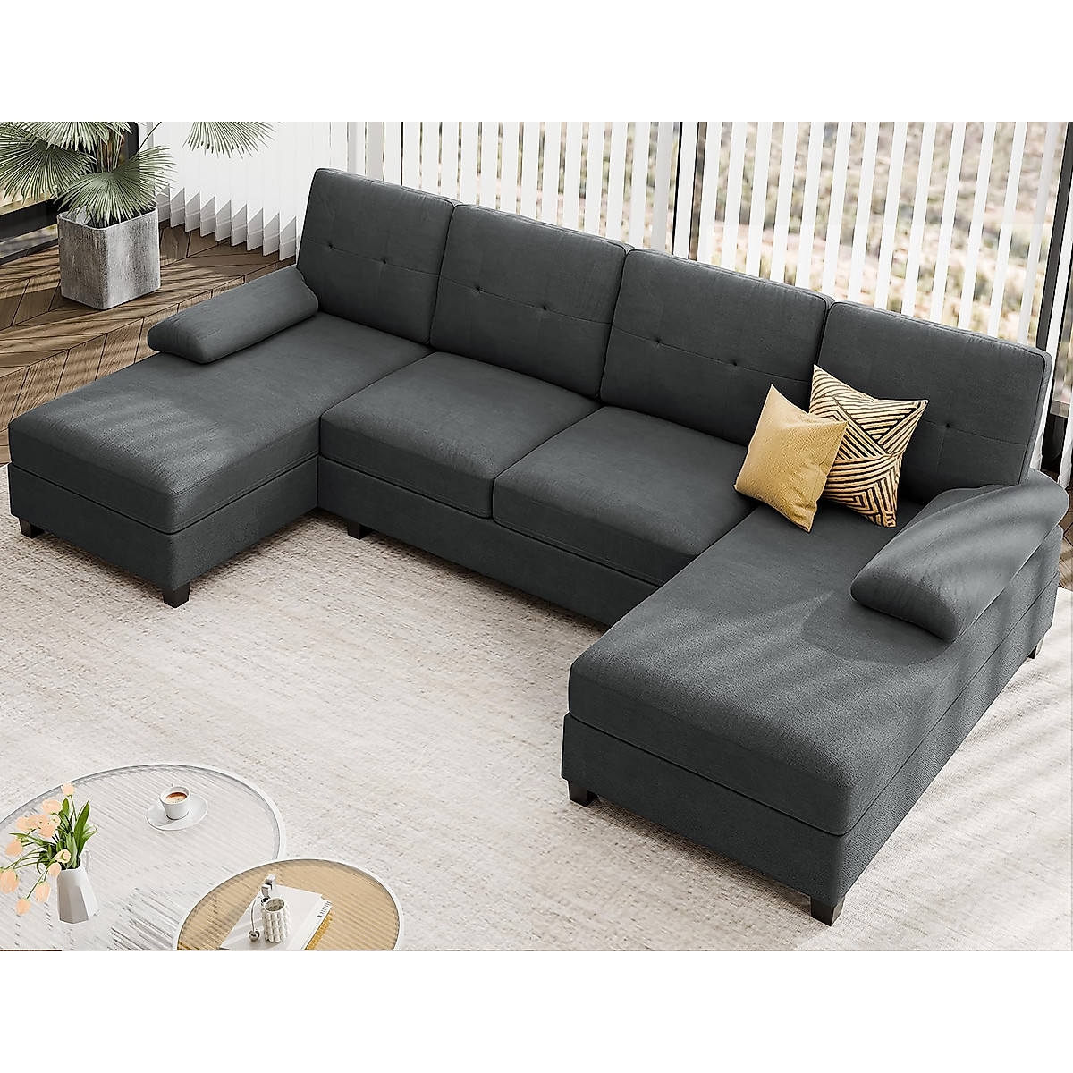 JAMFLY Sectional Sofa Couches for Living Room, Living Room Furniture Sets Clearance, 4 Seat U Shaped Sofa Sectional Couch with Chaise, Black Grey