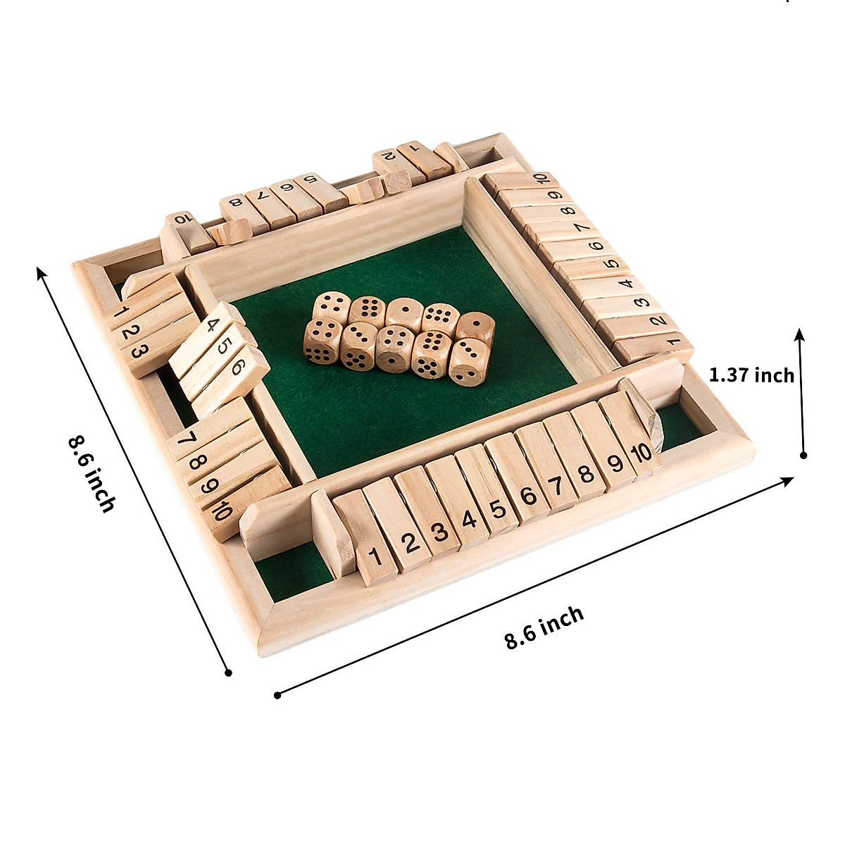 AMEROUS 1-4 Players Shut The Box Dice Game,Classic 4 Sided Wooden Board Game with 10 Dice and Instructions for Kids Adults, Tabletop Version