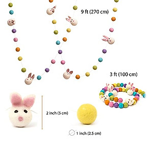 Glaciart One Felt Ball & Bunny Garland - Fun Party Decorations for Easter, Spring & Birthdays - Home Decor for Living Room, Bedroom, Baby Room - 100% Natural Wool Pom Poms with Cotton String - 9 Ft.
