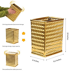 RZCNC Ceramic Gold Square Trash can Waste Basket, Decorative Garbage Can for Bathroom, Bedroom, Home Office, Kitchen, Dorm, College (1.5 Gallon, Small, Open Top)