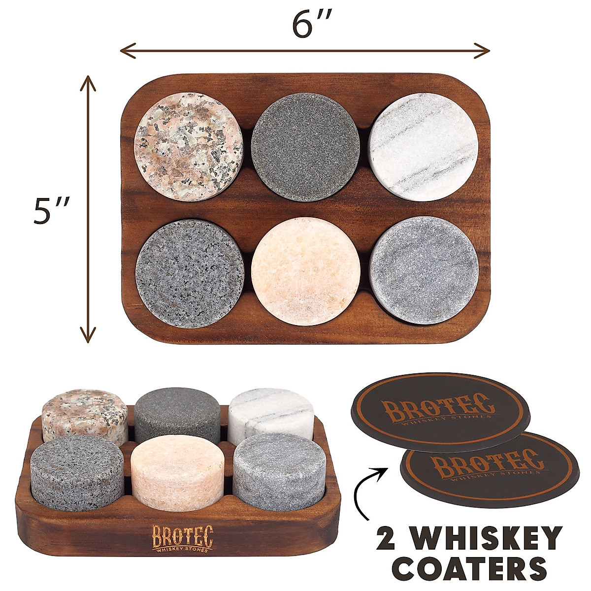 Whiskey Stones Gift Set - 6 Granite Round Beverage Chilling Drinking Stones Whiskey Rocks with 2 Extra Whisky Glasses Coasters - Premium Sipping Rocks in Elegant Wooden Storage Tray - Bar Accessories