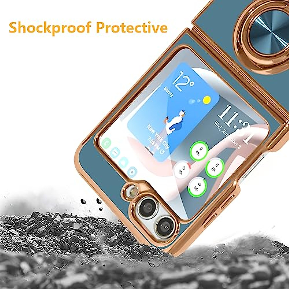 AIGOMARA Compatible with Samsung Galaxy Z Flip 5 Case with Ring Holder Kickstand Heavy Duty Protection Shockproof Luxury Plating Phone Cover for Galaxy Z Flip 5, Gray