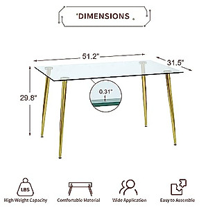Glass Dining Table for 4 with 51 inch Clear Tempered Glass Top, 0.31" Modern Rectangular Glass Kitchen Table Furniture with 4 Golden Plating Metal Legs for Home Kitchen Room