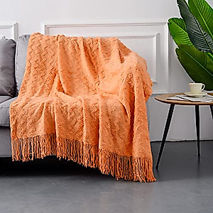 Quinnsus Knit Throw Blanket for Bed, Soft Lightweight Decorative Bed Throw Blankets, Jacquard Textured Boho Summer Throw Blanket with Tassels for Bed, Sofa and Living Room (Orange, 50 x 60 inches)