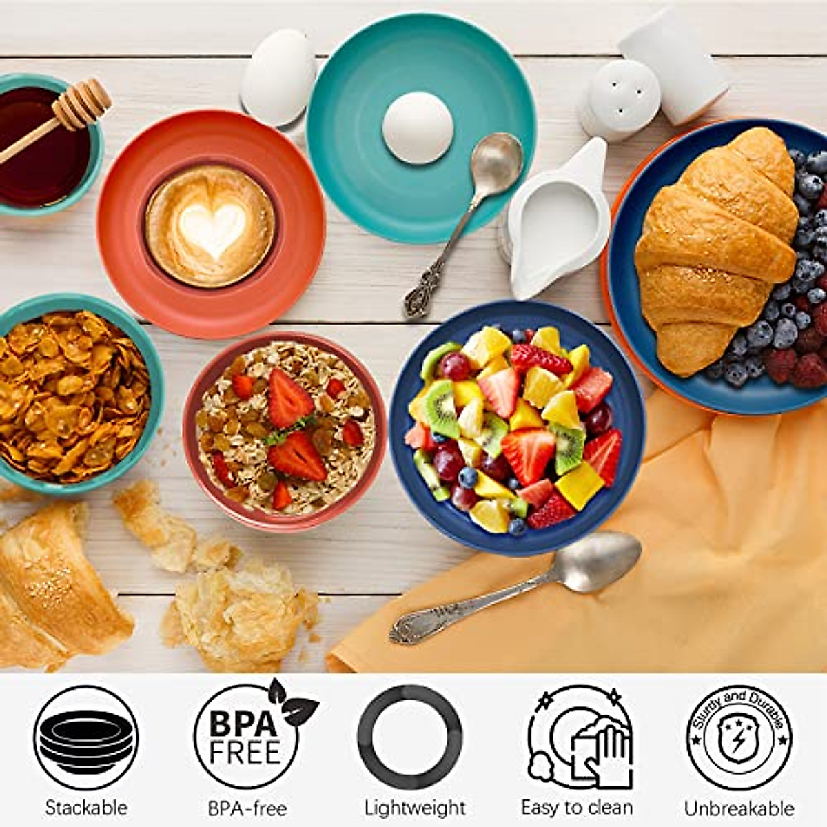 Dhnvcud 18-Piece Plates and Bowls Sets,Wheat Straw Dinnerware Sets for 6,Unbreakable Plastic Dinnerware Set,Reusable Plates,Bowls and Cups,Plastic Dishes Set for Kitchen,Outdoor Camping,RV