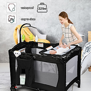 Kinder King 3 in 1 Portable Nursery Center, Foldable Playard for Baby & Toddler, Infant Pack n Play w/Bassinet, Removable Mattress, Newborn Changing Table, Travel Bag, Music Box, Storage Basket, Black