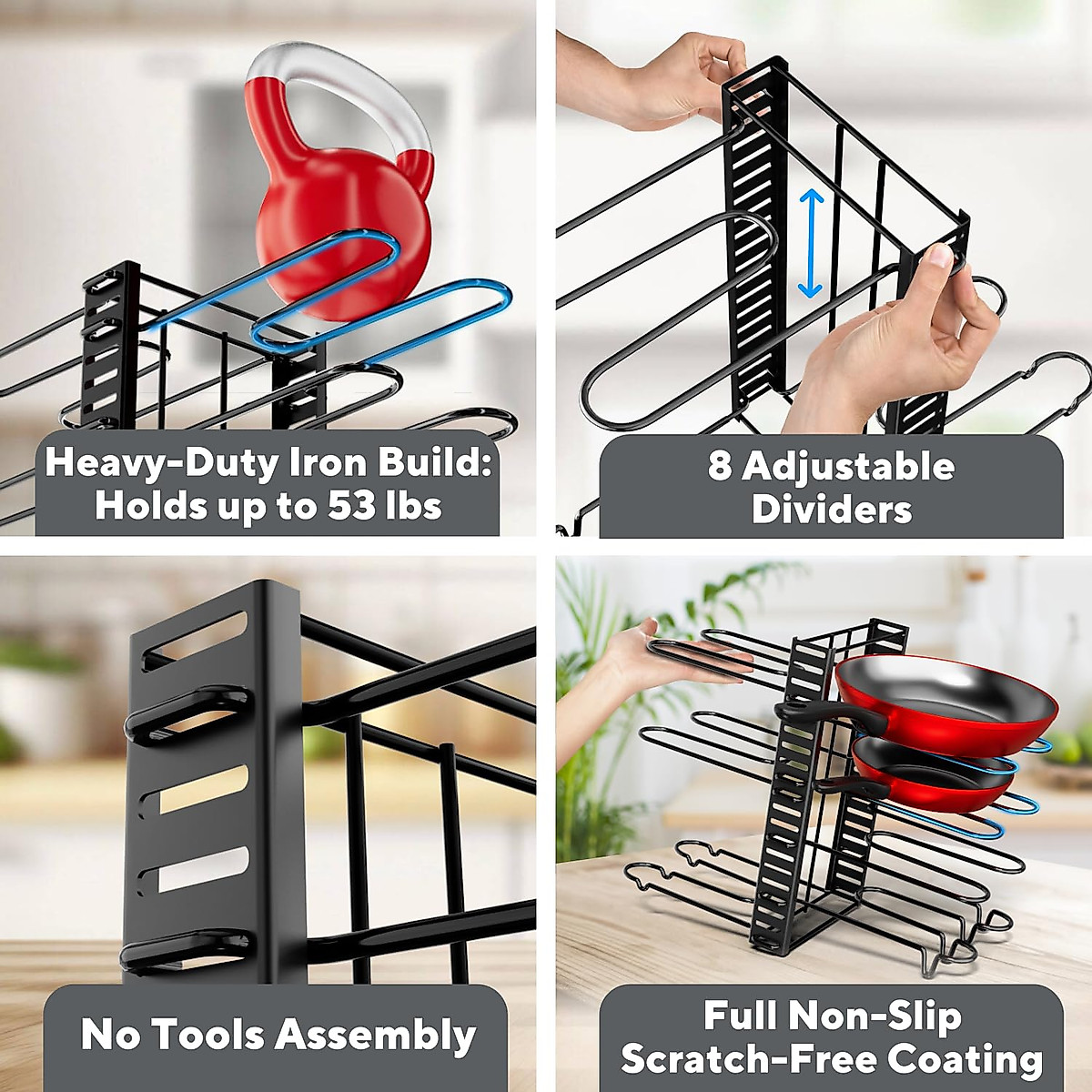 Pots and Pans Organizer Under Cabinet - 8-Tier Adjustable Pan Organizer Rack for Cabinet - Heavy-Duty Pot & Pan Organizer - Perfect to Store Pots, Pans, Lids - Easy Kitchen Organization and Storage