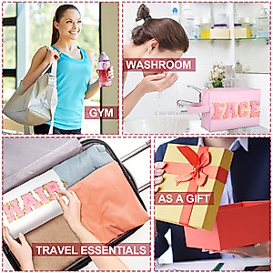 Sotiff 3 Pcs Preppy Patch Makeup Bag Hair Face Skin Cosmetic Bag Travel Toiletry Bag for Women Chenille Letters Patch Bag with Handle Waterproof Portable Preppy Purse Zipper Pouch for Girls