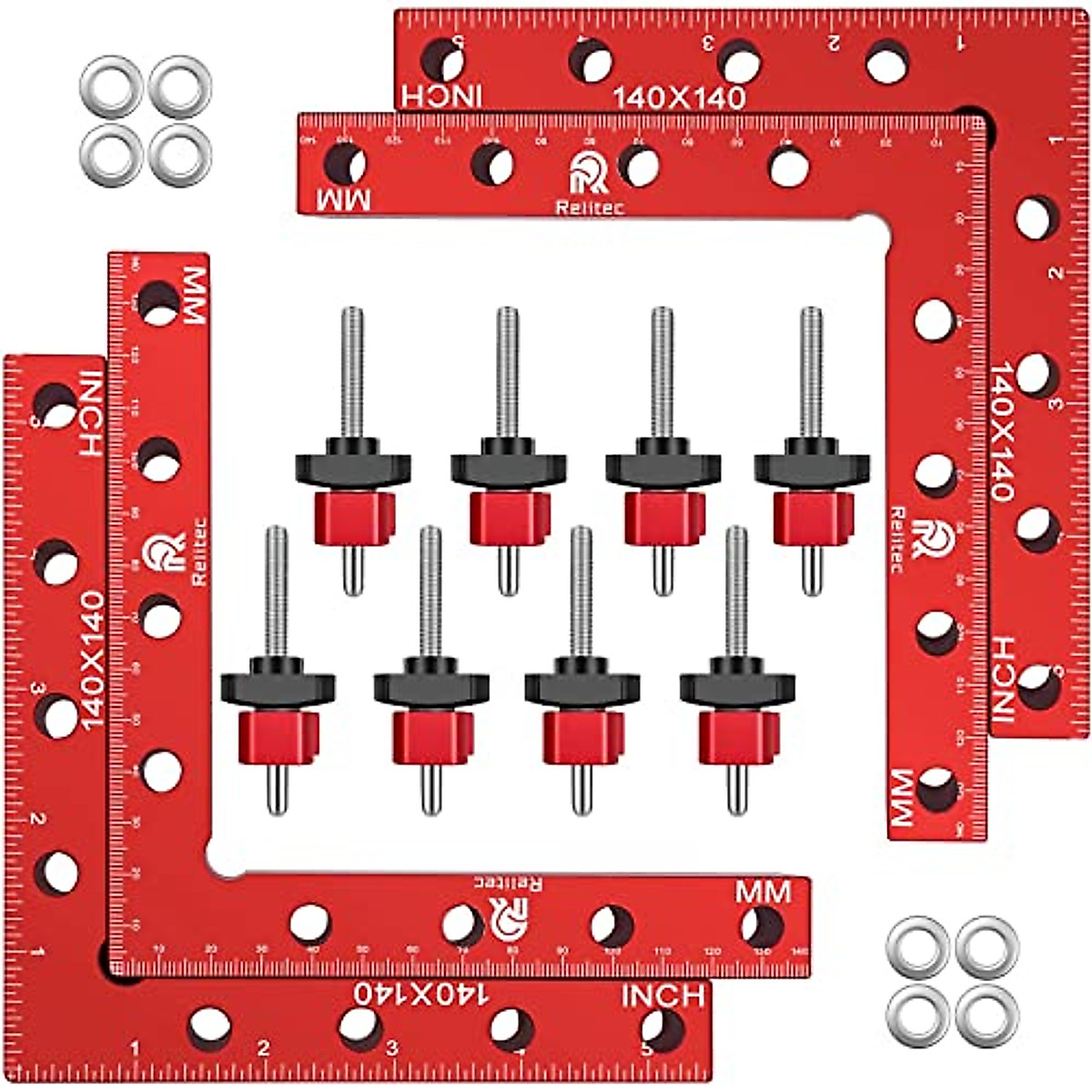 Upgrade Relitec R 90 Degree Corner clamp, clamping square, Right Angle Clamp, Positioning Squares 4 Aluminum Alloy Squares (14cm/5.5")+ 8 Clamps Woodworking Tools for Frame Cabinet